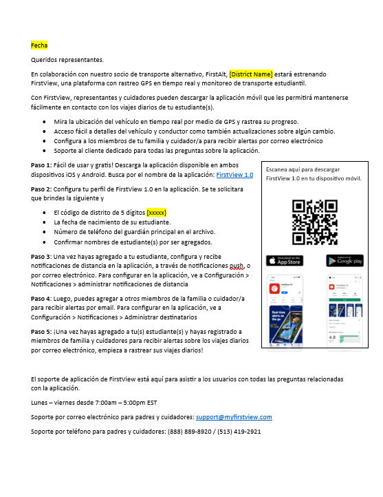 FirstAlt Parent Launch Letter (SP) - First Student, Inc.