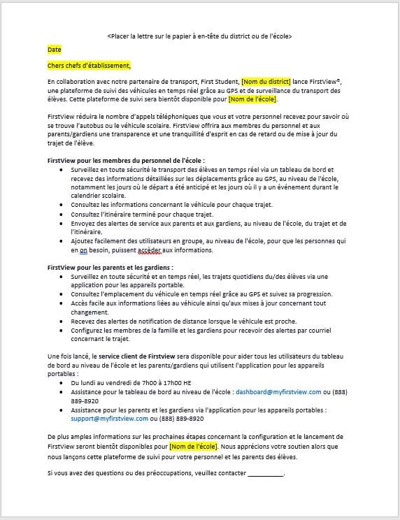 FirstView – Yellow Bus School Launch Letter (FR) - First Student, Inc.