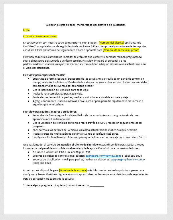 FirstView - Yellow Bus School Launch Letter (SP) - First Student, Inc.