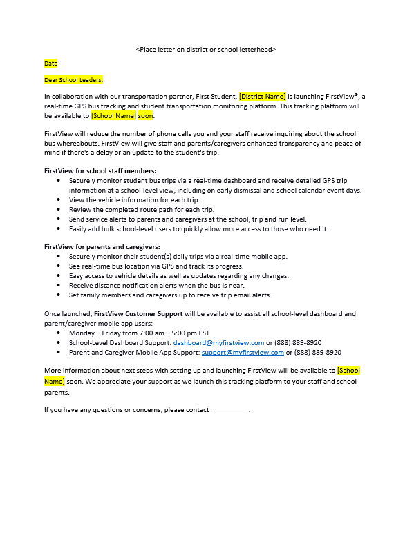 First View - Yellow Bus School Launch Letter - First Student, Inc.