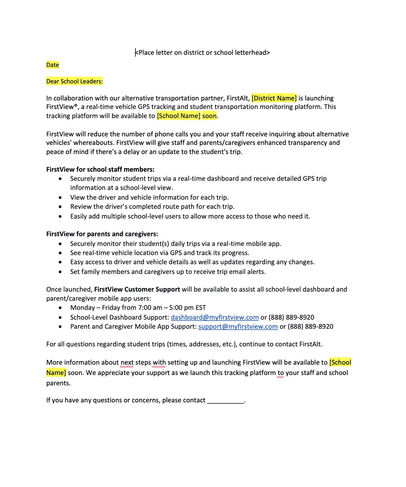 FirstAlt School Launch Letter - First Student, Inc.