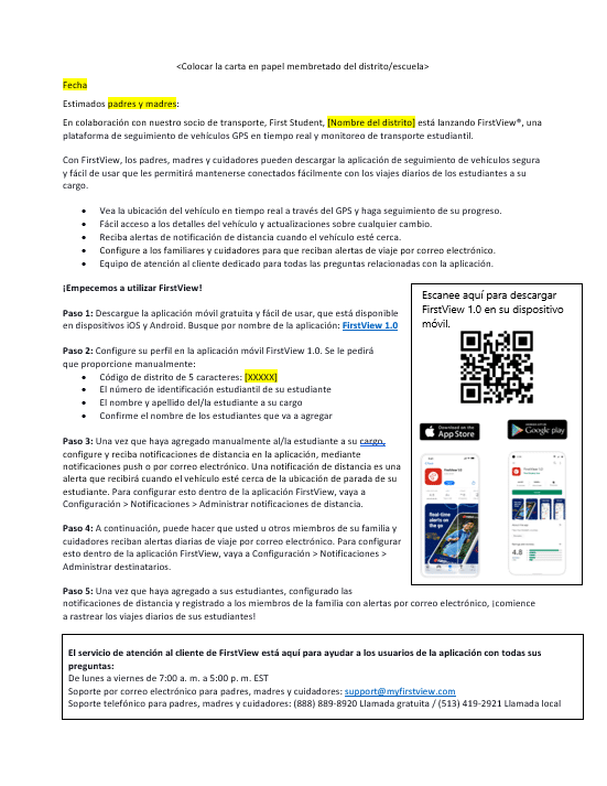 FirstView – Student Parent Launch Letter (SP) - First Student, Inc.