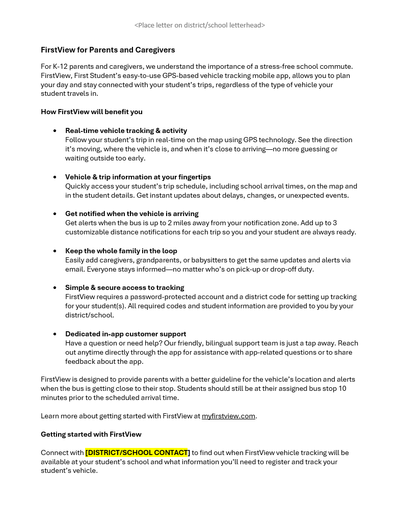 First View – Yellow Bus Feature Letter (SP) - First Student, Inc.